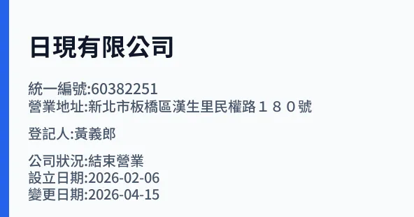 日現有限公司的照片-統編 60382251(新北市) 公司登記資料與營業項目詳細圖表