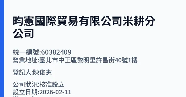 昀憲國際貿易有限公司米耕分公司的照片-統編 60382409(臺北市) 公司登記資料與營業項目詳細圖表