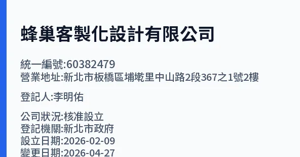 蜂巢客製化設計有限公司的照片-統編 60382479(新北市) 公司登記資料與營業項目詳細圖表
