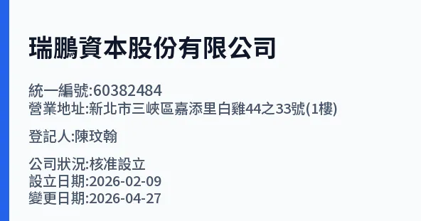 瑞鵬資本股份有限公司的照片-統編 60382484(新北市) 公司登記資料與營業項目詳細圖表