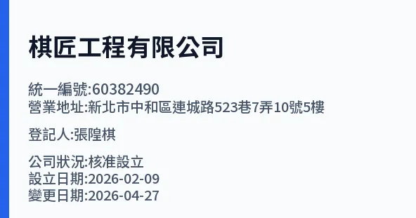 棋匠工程有限公司的照片-統編 60382490(新北市) 公司登記資料與營業項目詳細圖表