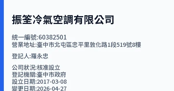 振筌冷氣空調有限公司的照片-統編 60382501(臺中市) 公司登記資料與營業項目詳細圖表