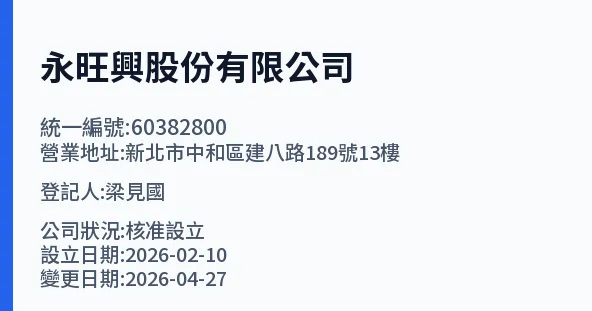 永旺興股份有限公司的照片-統編 60382800(新北市) 公司登記資料與營業項目詳細圖表