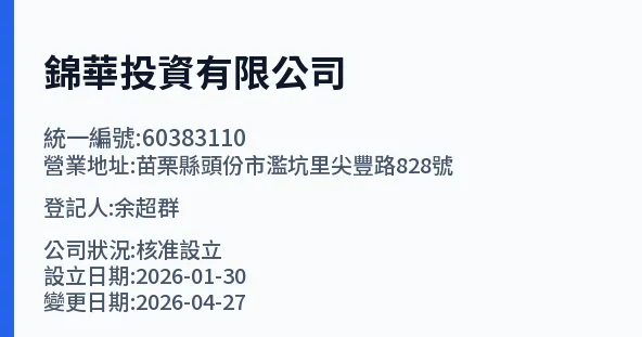 錦華投資有限公司的照片-統編 60383110(苗栗縣) 公司登記資料與營業項目詳細圖表