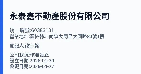 永泰鑫不動產股份有限公司的照片-統編 60383131(雲林縣) 公司登記資料與營業項目詳細圖表