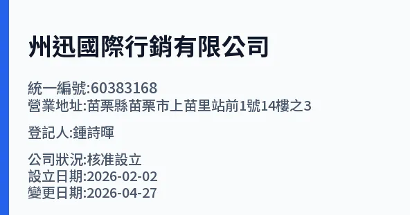 州迅國際行銷有限公司的照片-統編 60383168(苗栗縣) 公司登記資料與營業項目詳細圖表