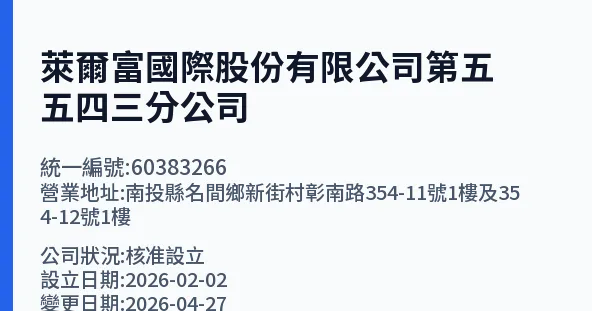 萊爾富國際股份有限公司第五五四三分公司的照片-統編 60383266(南投縣) 公司登記資料與營業項目詳細圖表
