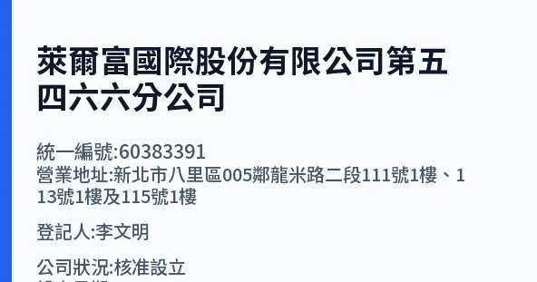 萊爾富國際股份有限公司第五四六六分公司的照片-統編 60383391(新北市) 公司登記資料與營業項目詳細圖表