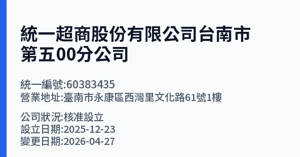 統一超商股份有限公司台南市第五00分公司的照片-統編 60383435(臺南市) 公司登記資料與營業項目詳細圖表