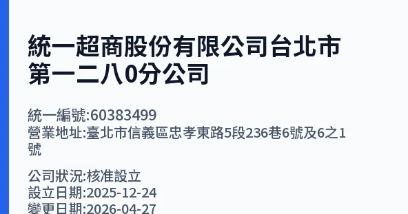 統一超商股份有限公司台北市第一二八0分公司的照片-統編 60383499(臺北市) 公司登記資料與營業項目詳細圖表