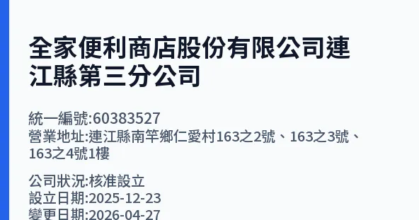 全家便利商店股份有限公司連江縣第三分公司的照片-統編 60383527(連江縣) 公司登記資料與營業項目詳細圖表