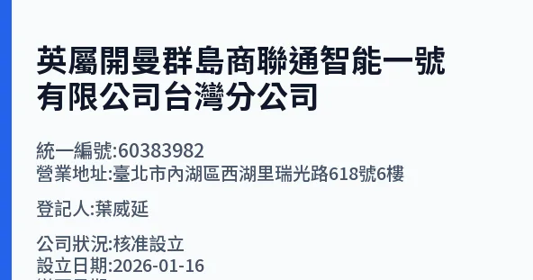 英屬開曼群島商聯通智能一號有限公司台灣分公司的照片-統編 60383982(臺北市) 公司登記資料與營業項目詳細圖表