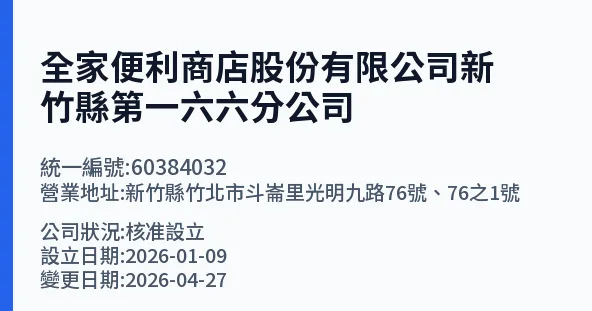 全家便利商店股份有限公司新竹縣第一六六分公司的照片-統編 60384032(新竹縣) 公司登記資料與營業項目詳細圖表
