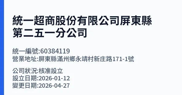 統一超商股份有限公司屏東縣第二五一分公司的照片-統編 60384119(屏東縣) 公司登記資料與營業項目詳細圖表