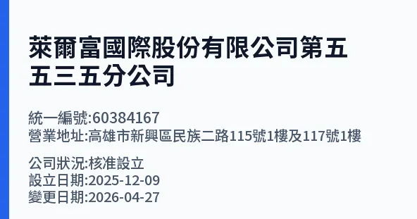 萊爾富國際股份有限公司第五五三五分公司的照片-統編 60384167(高雄市) 公司登記資料與營業項目詳細圖表