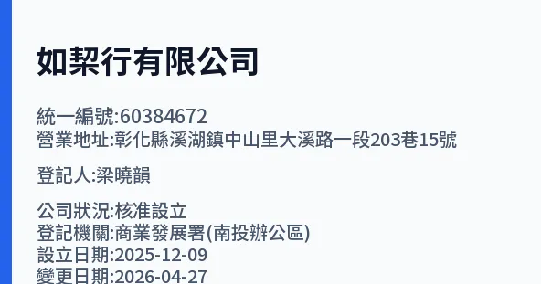 如栔行有限公司的照片-統編 60384672(彰化縣) 公司登記資料與營業項目詳細圖表