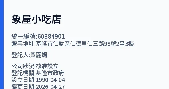 象屋小吃店的照片-統編 60384901(基隆市) 公司登記資料與營業項目詳細圖表