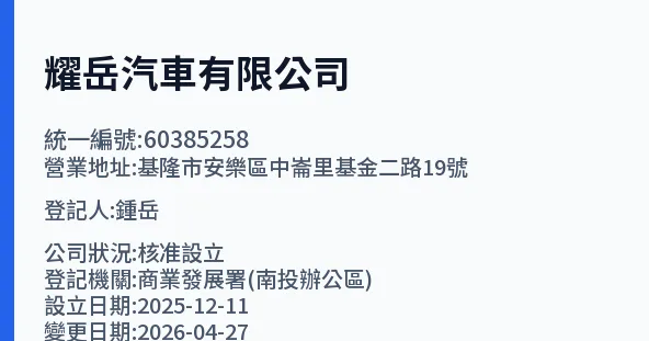 耀岳汽車有限公司的照片-統編 60385258(基隆市) 公司登記資料與營業項目詳細圖表