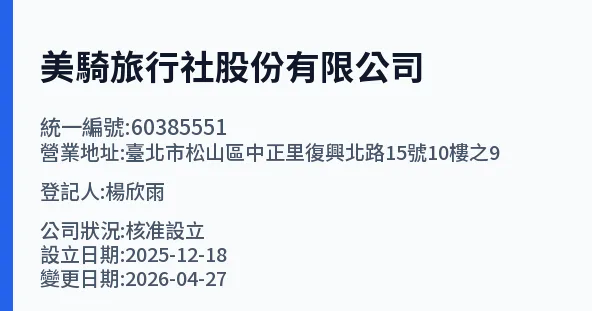 美騎旅行社股份有限公司的照片-統編 60385551(臺北市) 公司登記資料與營業項目詳細圖表