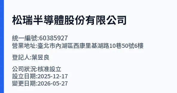 松瑞半導體股份有限公司的照片-統編 60385927(臺北市) 公司登記資料與營業項目詳細圖表