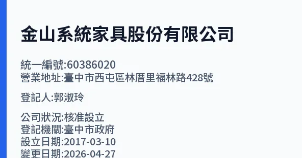金山系統家具股份有限公司的照片-統編 60386020(臺中市) 公司登記資料與營業項目詳細圖表