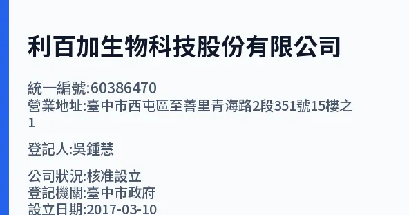 利百加生物科技股份有限公司的照片-統編 60386470(臺中市) 公司登記資料與營業項目詳細圖表