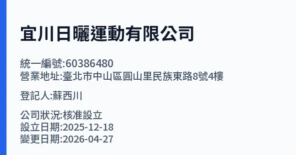 宜川日曬運動有限公司的照片-統編 60386480(臺北市) 公司登記資料與營業項目詳細圖表