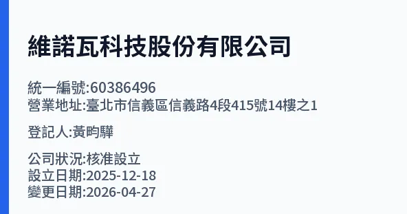 維諾瓦科技股份有限公司的照片-統編 60386496(臺北市) 公司登記資料與營業項目詳細圖表