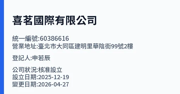 喜茗國際有限公司的照片-統編 60386616(臺北市) 公司登記資料與營業項目詳細圖表