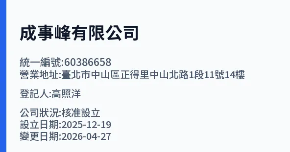 成事峰有限公司的照片-統編 60386658(臺北市) 公司登記資料與營業項目詳細圖表