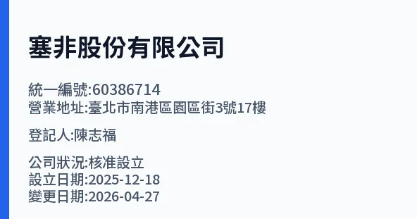 塞非股份有限公司的照片-統編 60386714(臺北市) 公司登記資料與營業項目詳細圖表