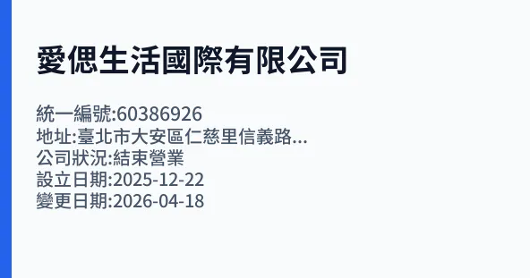 愛偲生活國際有限公司的照片-統編 60386926(臺北市) 公司登記資料與營業項目詳細圖表