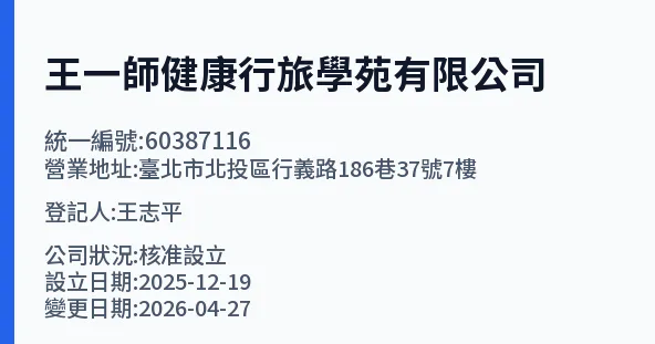 王一師健康行旅學苑有限公司的照片-統編 60387116(臺北市) 公司登記資料與營業項目詳細圖表