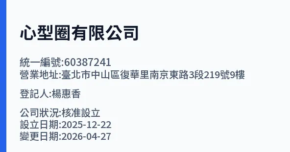 心型圈有限公司的照片-統編 60387241(臺北市) 公司登記資料與營業項目詳細圖表