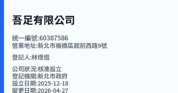 吾足有限公司的照片-統編 60387586(新北市) 公司登記資料與營業項目詳細圖表