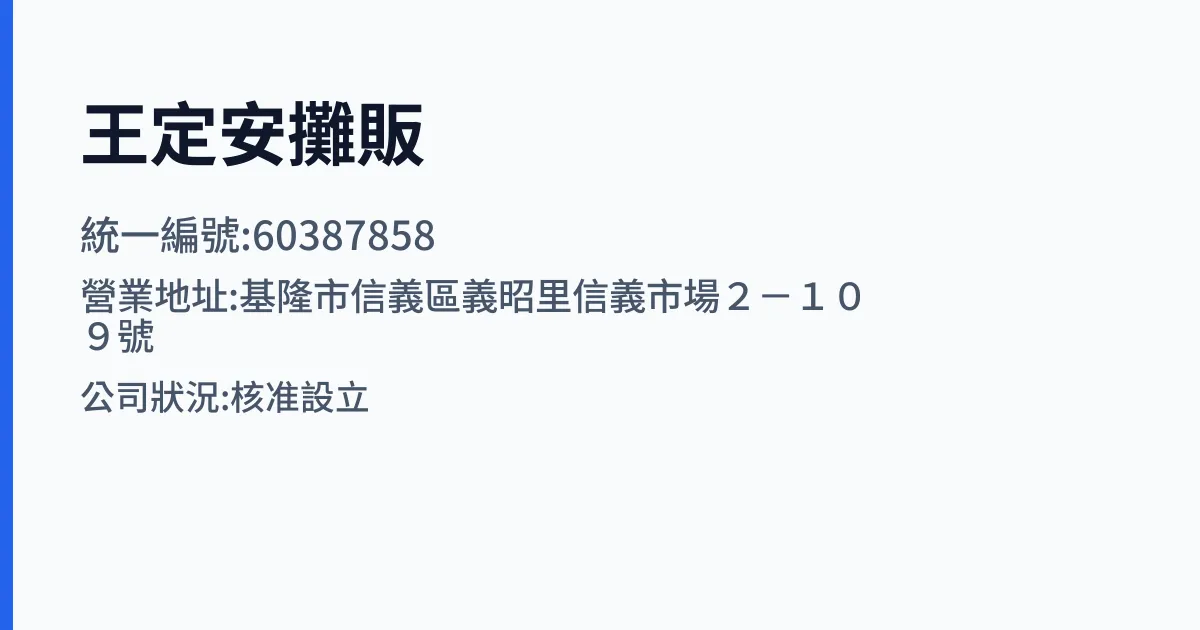 王定安攤販 - 統編 60387858(基隆市) 公司登記資料與營業項目詳細圖表