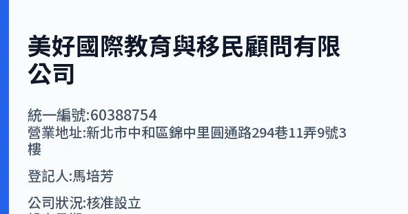 美好國際教育與移民顧問有限公司的照片-統編 60388754(新北市) 公司登記資料與營業項目詳細圖表