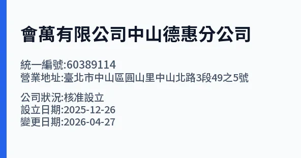 會萬有限公司中山德惠分公司的照片-統編 60389114(臺北市) 公司登記資料與營業項目詳細圖表