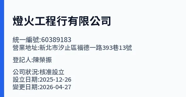 燈火工程行有限公司的照片-統編 60389183(新北市) 公司登記資料與營業項目詳細圖表
