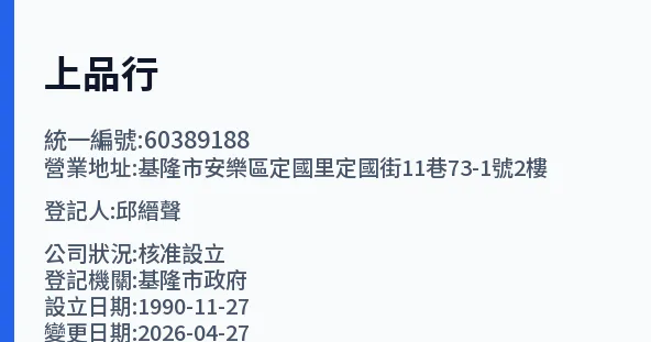 上品行的照片-統編 60389188(基隆市) 公司登記資料與營業項目詳細圖表