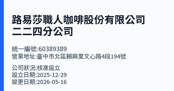 路易莎職人咖啡股份有限公司二二四分公司的照片-統編 60389389(臺中市) 公司登記資料與營業項目詳細圖表