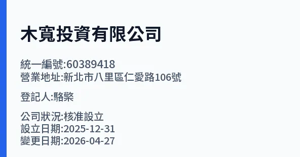 木寬投資有限公司的照片-統編 60389418(新北市) 公司登記資料與營業項目詳細圖表