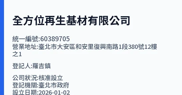 全方位再生基材有限公司的照片-統編 60389705(臺北市) 公司登記資料與營業項目詳細圖表