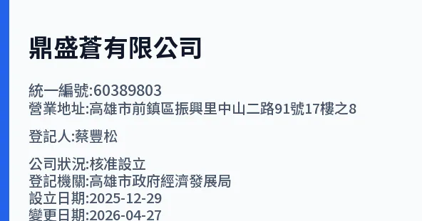 鼎盛蒼有限公司的照片-統編 60389803(高雄市) 公司登記資料與營業項目詳細圖表