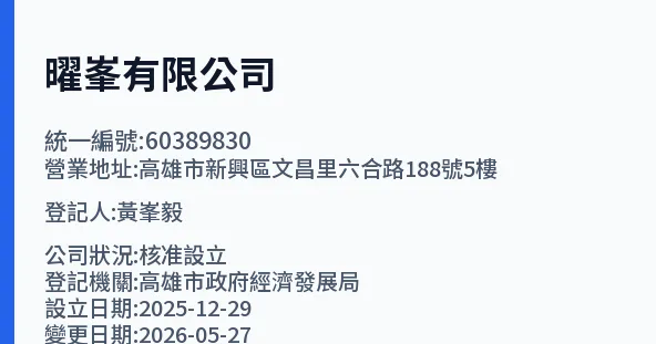 曜峯有限公司的照片-統編 60389830(高雄市) 公司登記資料與營業項目詳細圖表