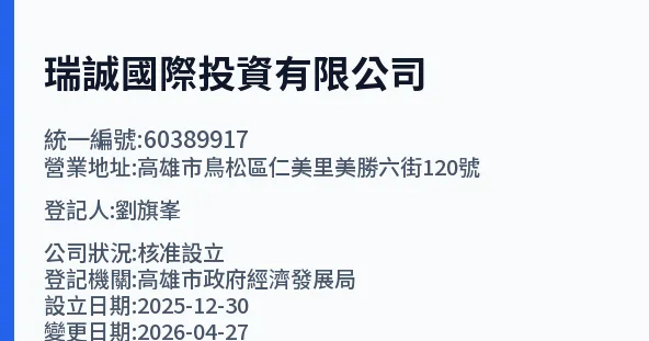 瑞誠國際投資有限公司的照片-統編 60389917(高雄市) 公司登記資料與營業項目詳細圖表