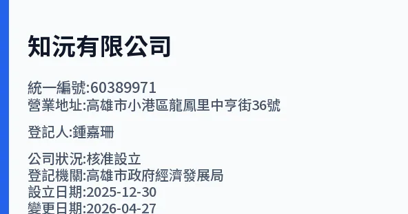 知沅有限公司的照片-統編 60389971(高雄市) 公司登記資料與營業項目詳細圖表