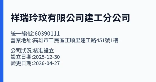 祥瑞玲玟有限公司建工分公司的照片-統編 60390111(高雄市) 公司登記資料與營業項目詳細圖表