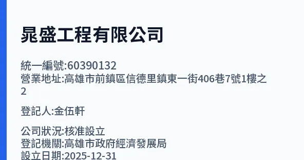 晁盛工程有限公司的照片-統編 60390132(高雄市) 公司登記資料與營業項目詳細圖表