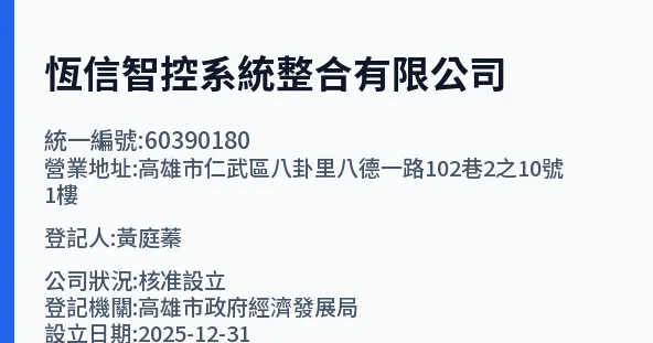 恆信智控系統整合有限公司的照片-統編 60390180(高雄市) 公司登記資料與營業項目詳細圖表